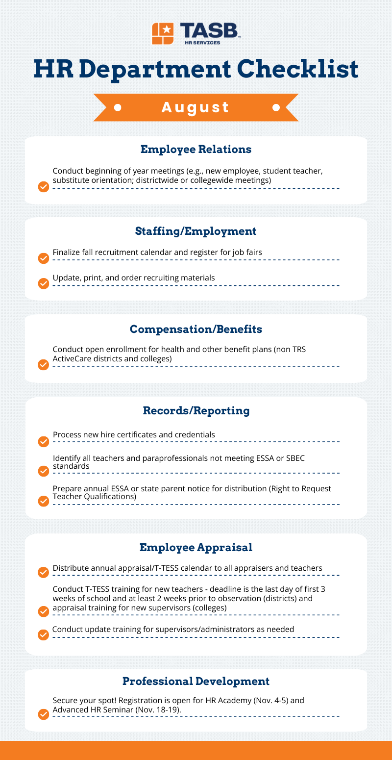 HR Department Checklist for August | TASB